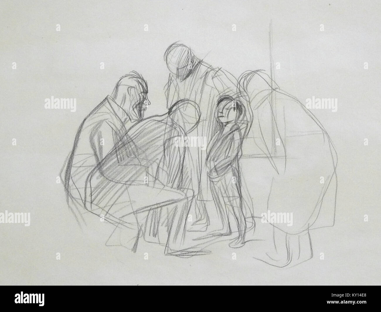 A pencil drawing by J.L. Forain, depicting a scene with five characters ...