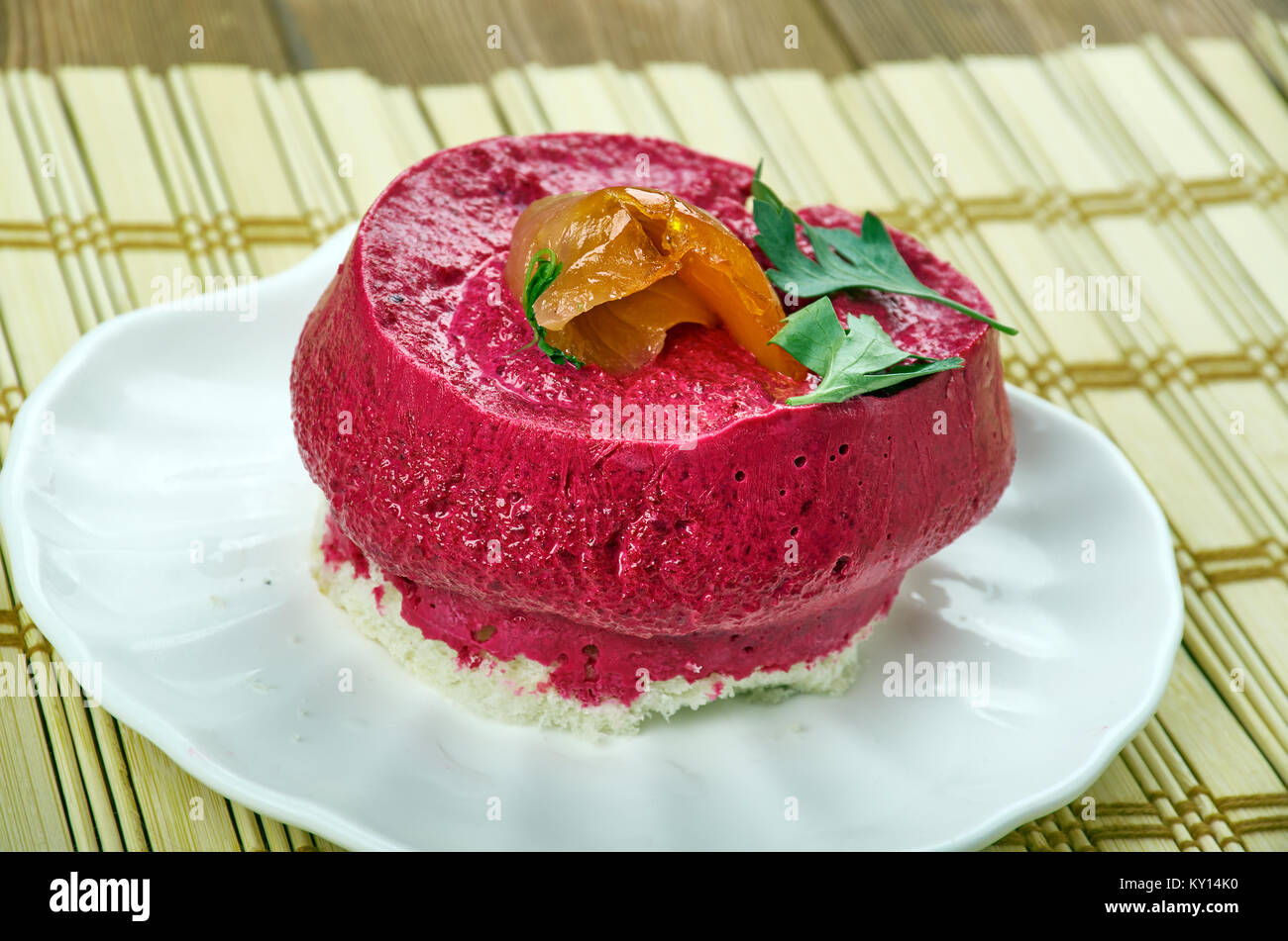 creamy beet cheesecake with salmon Stock Photo - Alamy