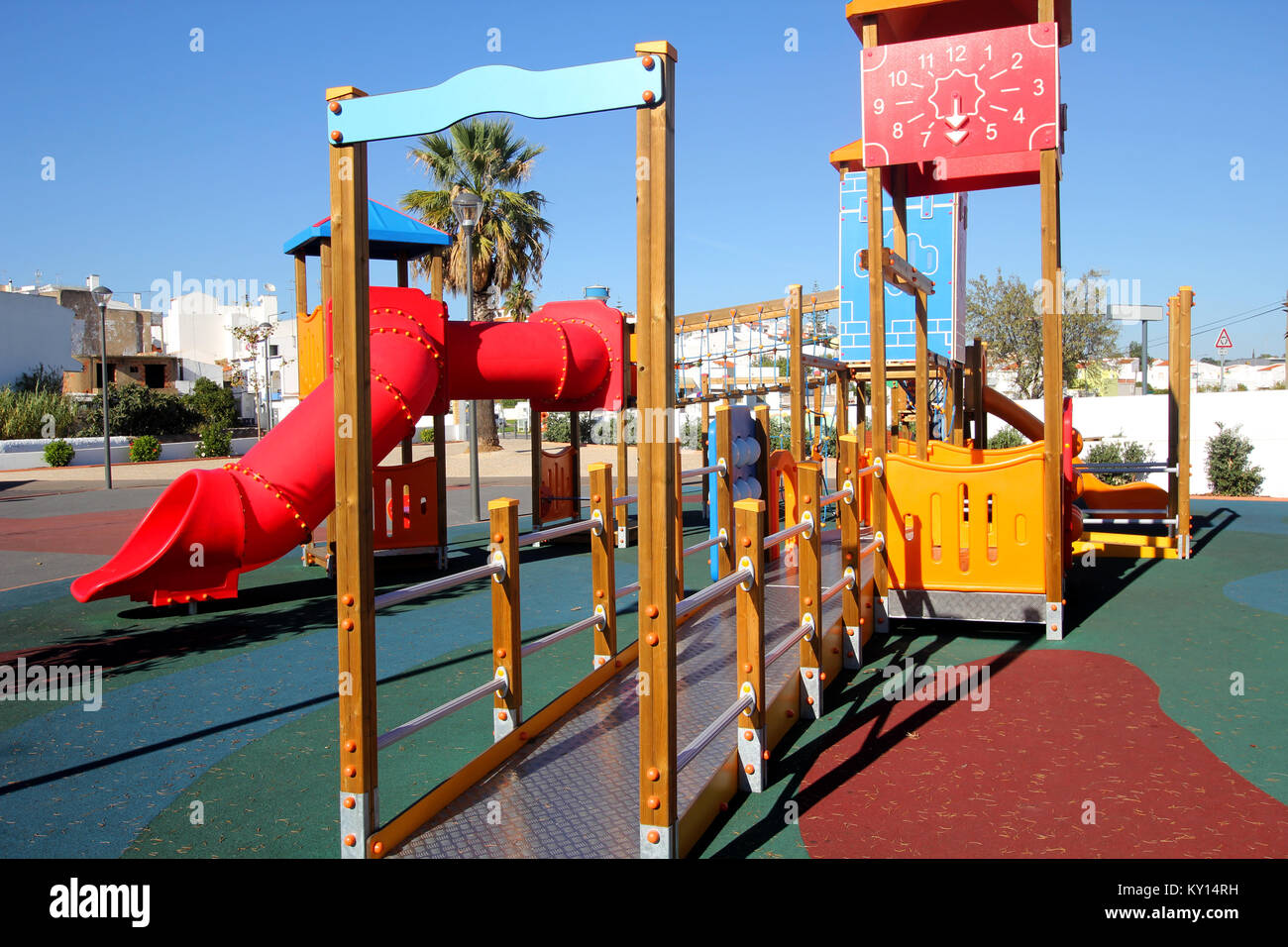 Deserted playground with tunnels, towers, and climbing frames Stock ...