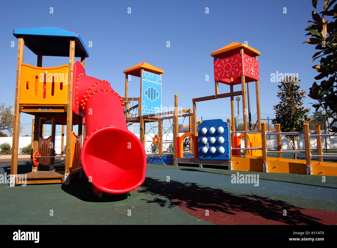 Deserted playground with tunnels, towers, and climbing frames Stock ...