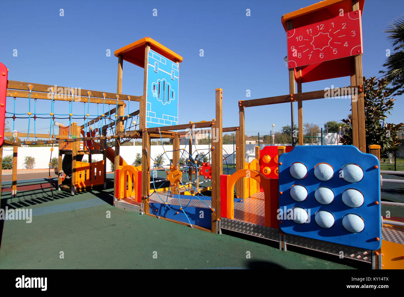 Deserted playground with tunnels, towers, and climbing frames Stock ...