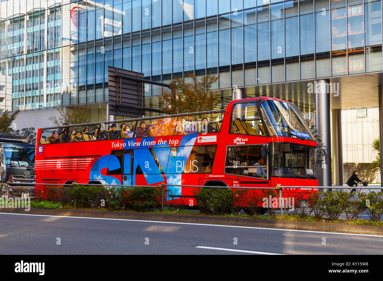 TOKYO, JAPAN - NOVEMBER 28 2015: SKYBUS TOKYO operates stylish red open ...