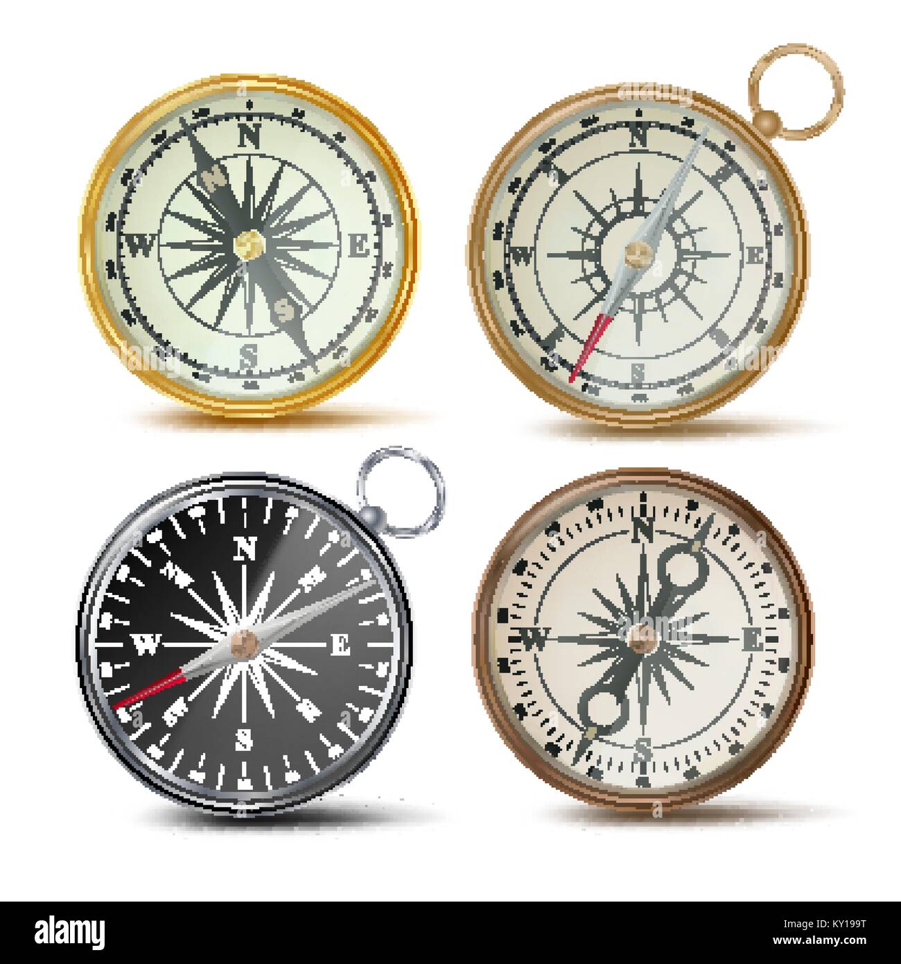 Compass Set Vector Different Colored Compasses Navigation Realistic Object Sign Retro Style