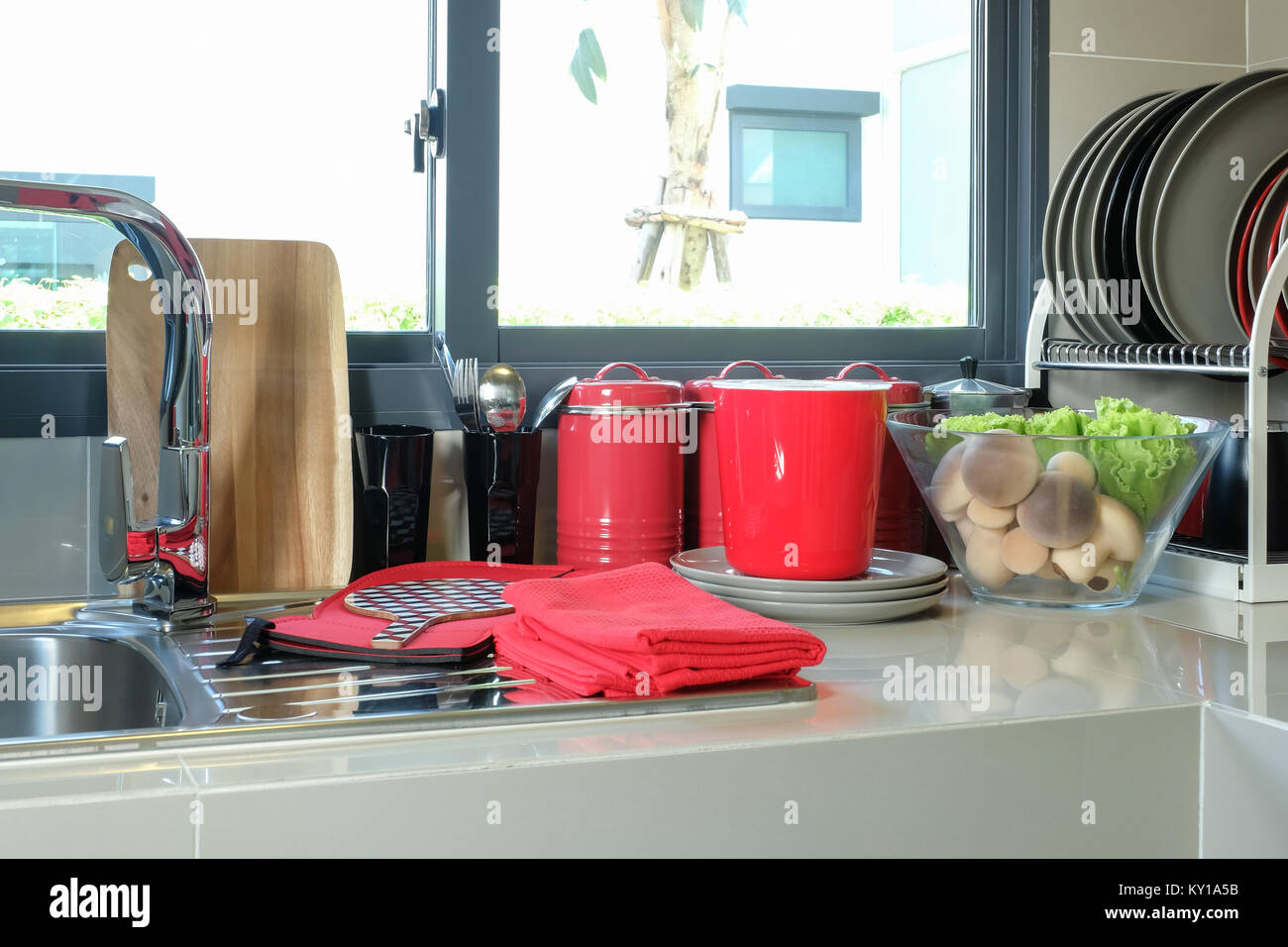 utensils on counter in modern kitchen room at home Stock Photo - Alamy