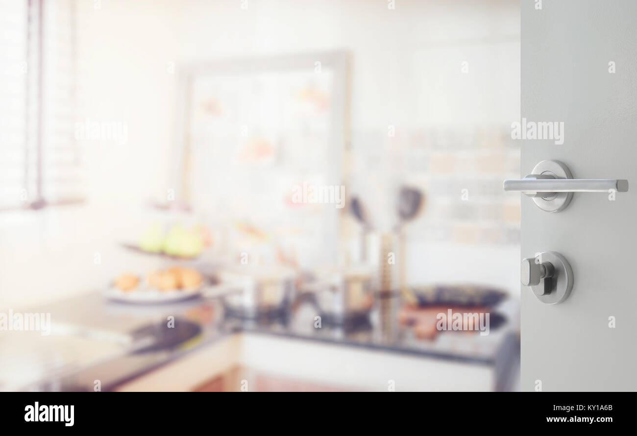 opened white door to modern kitchen interior as background Stock Photo ...