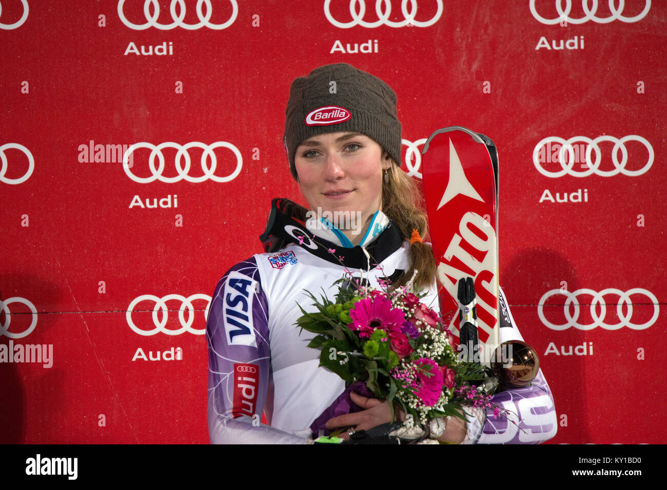 The American alpine ski racer Mikaela Shifrin came third (+0.63) in ...
