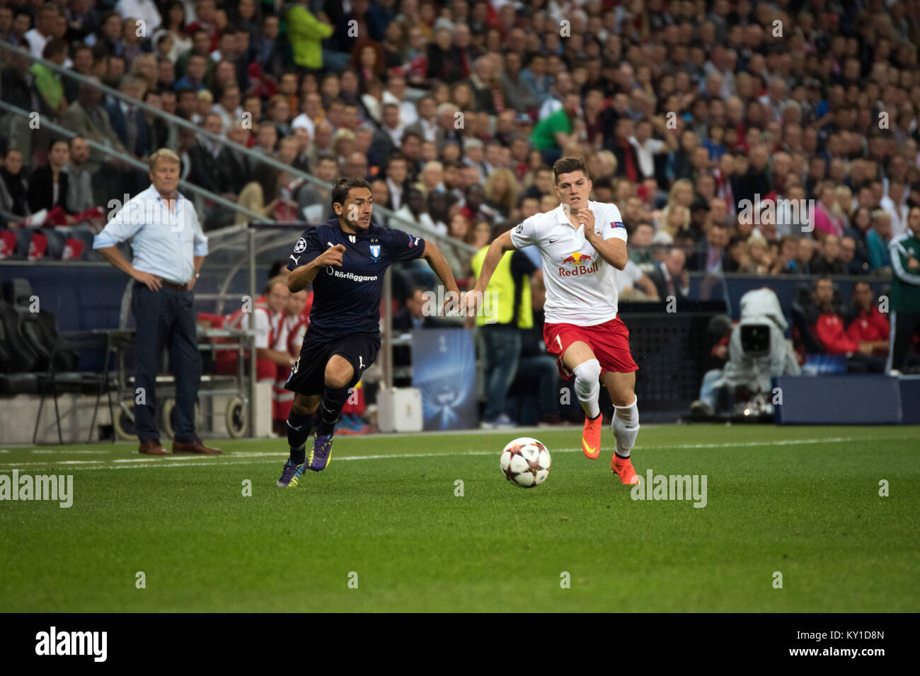 Red Bull Salzburg striker Marcel Sabitzer storms against the goal and ...
