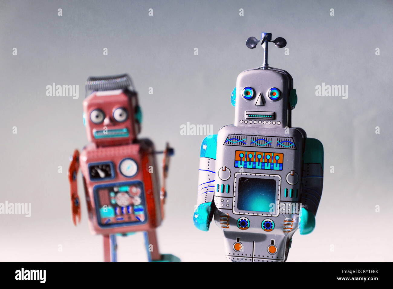 Angry vintage tin toy robots, artificial intelligence, robotic delivery ...