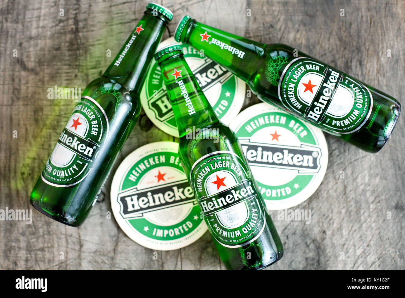 DORKOVO, BULGARIA - MARCH 13, 2017: 3 bottle of Heineken light beer on ...