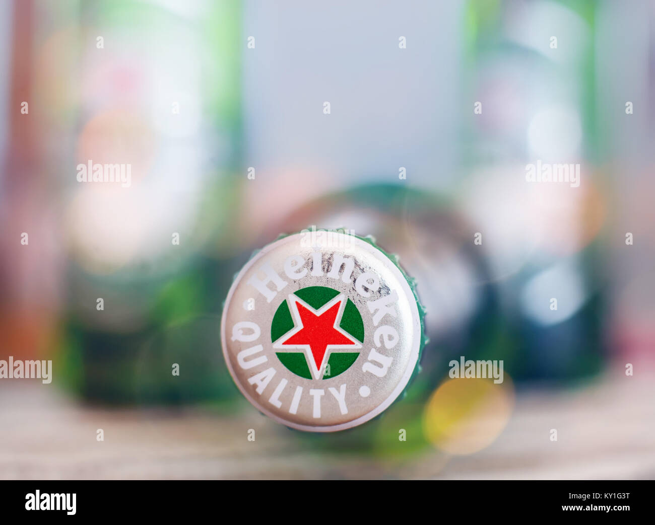 DORKOVO, BULGARIA - MARCH 13, 2017: Macro shot of Heineken bouttle over ...
