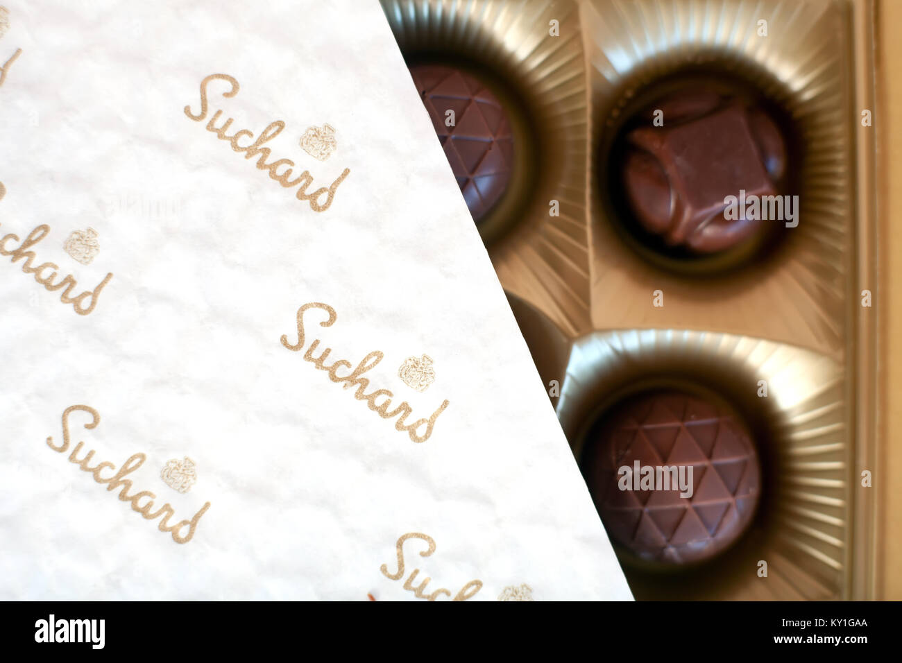 DORKOVO, BULGARIA - MARCH 20, 2017: Suchard candy close-up top view ...