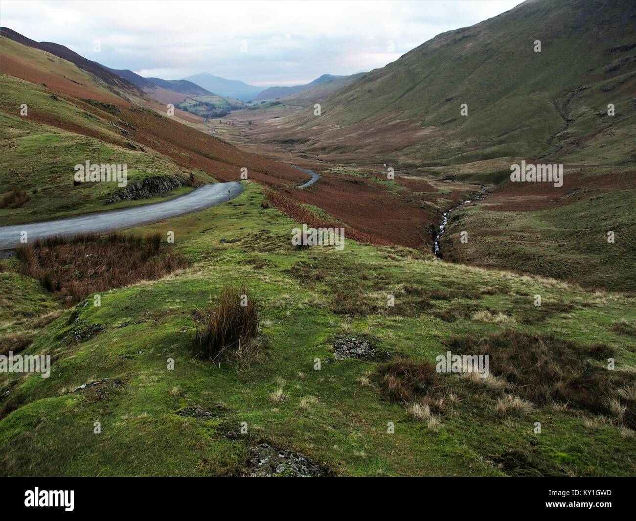 Looking down the Newlands Valley Pass towards Keswick, Lake District ...