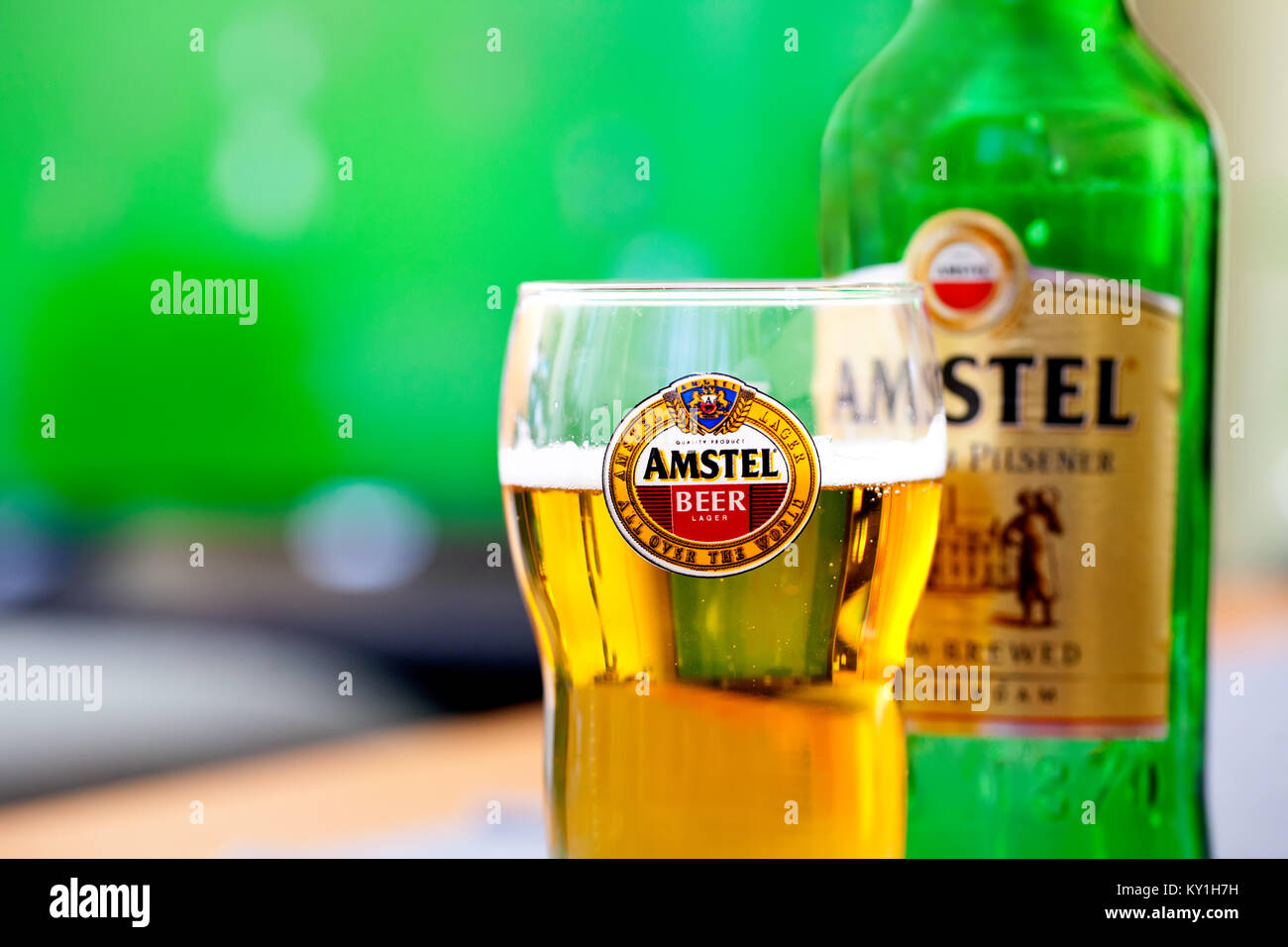 SOFIA, BULGARIA - MAY 08, 2017: Amstel glass and bottle -background of ...