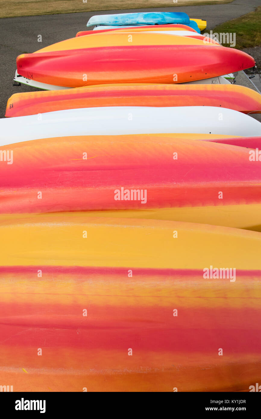 Beautiful and colorful kayaks in rows on a lake Stock Photo - Alamy