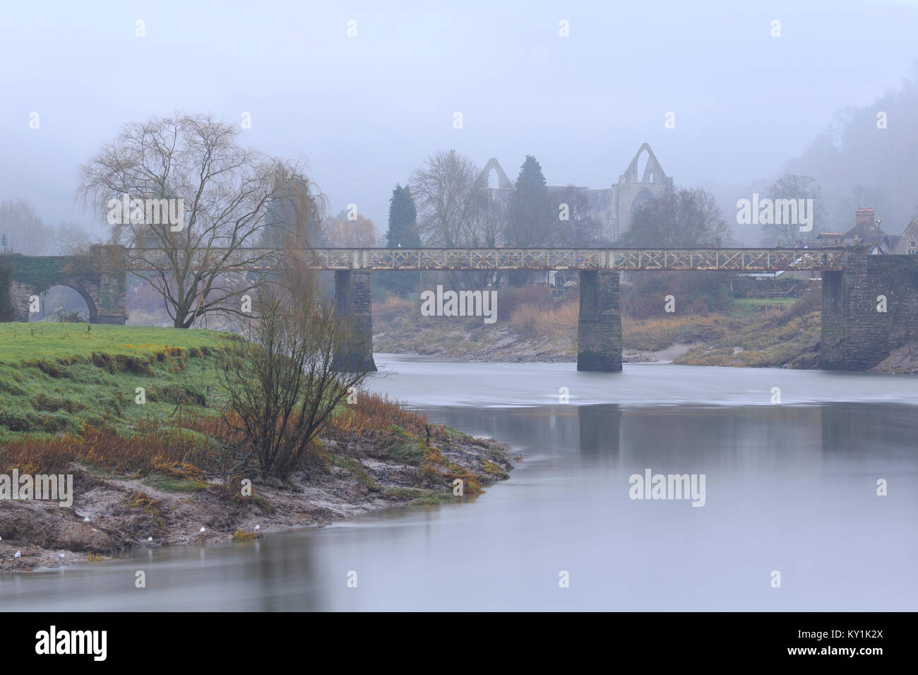 Tintern Abbey and the Wire Bridge, looking down the River Wye, Tintern ...