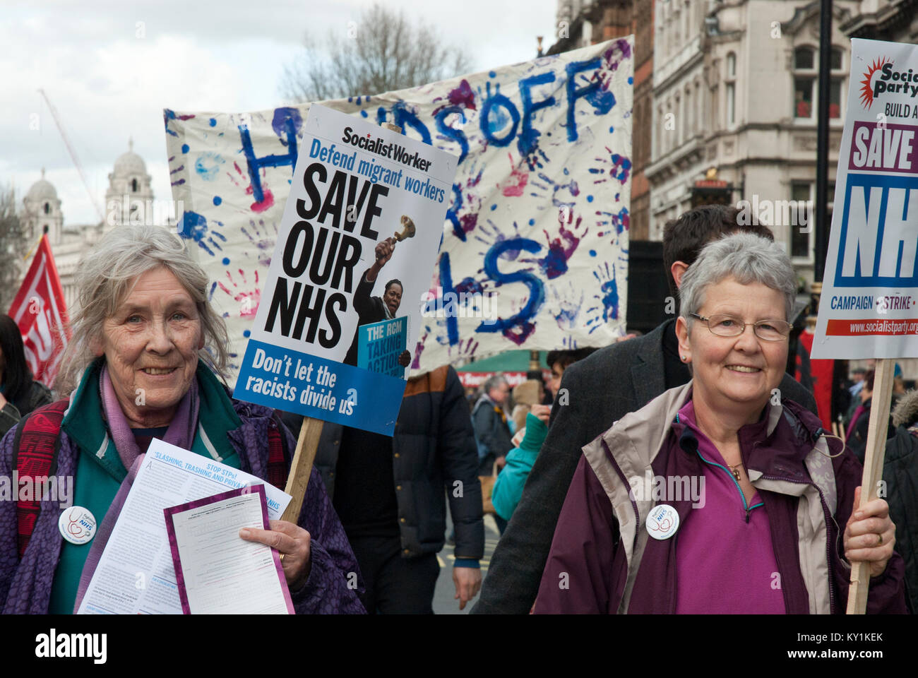 March to "Save our NHS", two women smiling with posters "Save our NHS ...