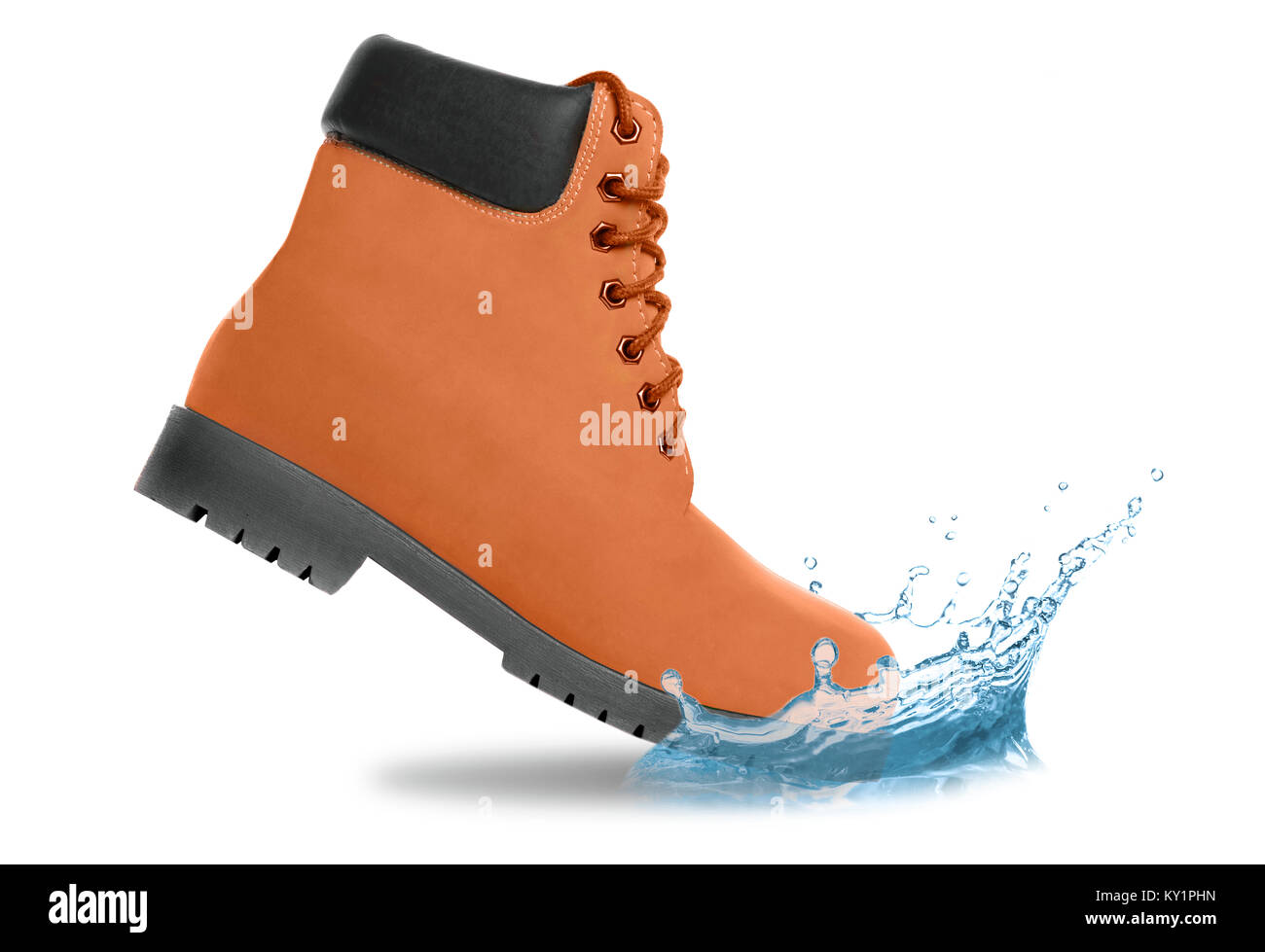 Orange boot and water splash. Side view Stock Photo - Alamy