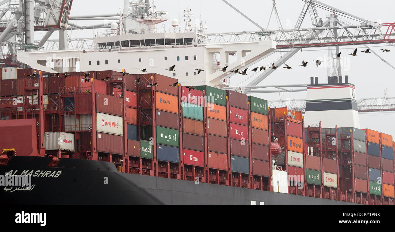 The container ship Al Mashrab unloads her cargo at Southampton ...