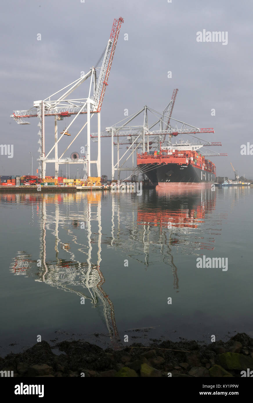 The container ship Al Mashrab unloads her cargo at Southampton ...