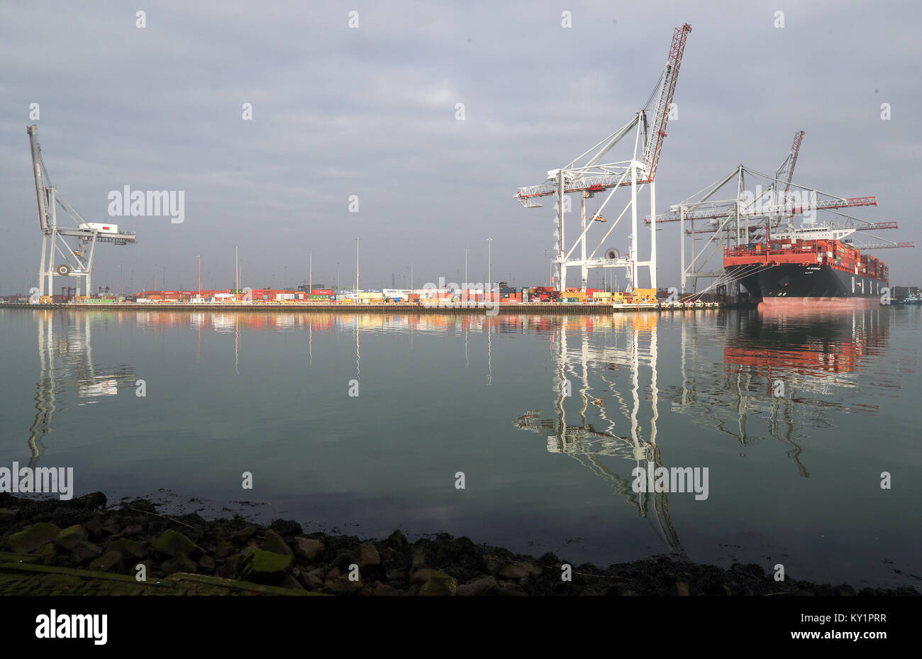 The container ship Al Mashrab unloads her cargo at Southampton ...