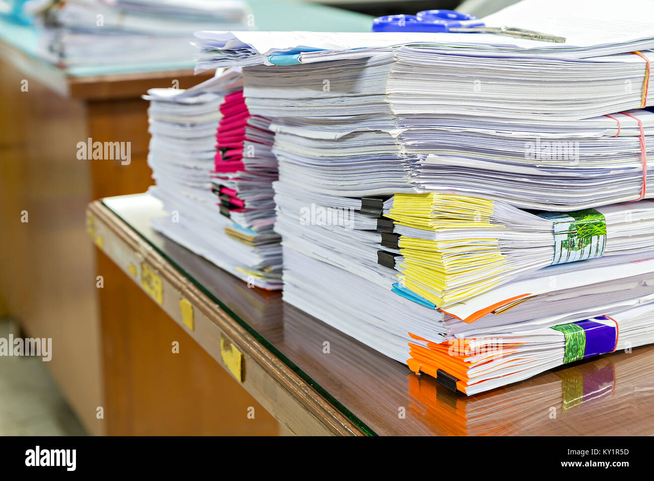 Close up of business documents stack on desk , report papers stack ...