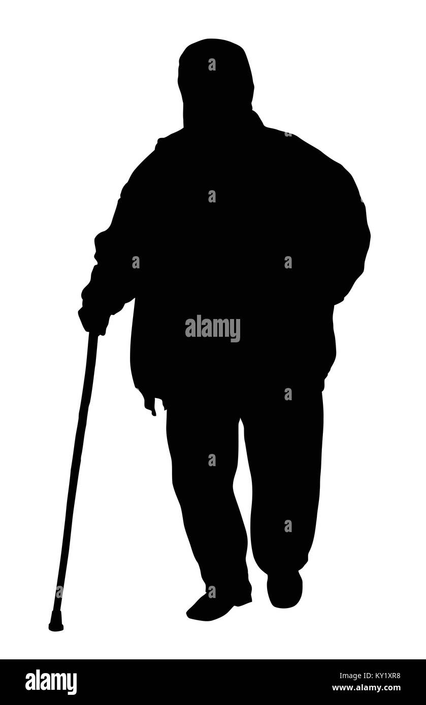Old Man Walks With Cane On White Background Vector Illustration Stock