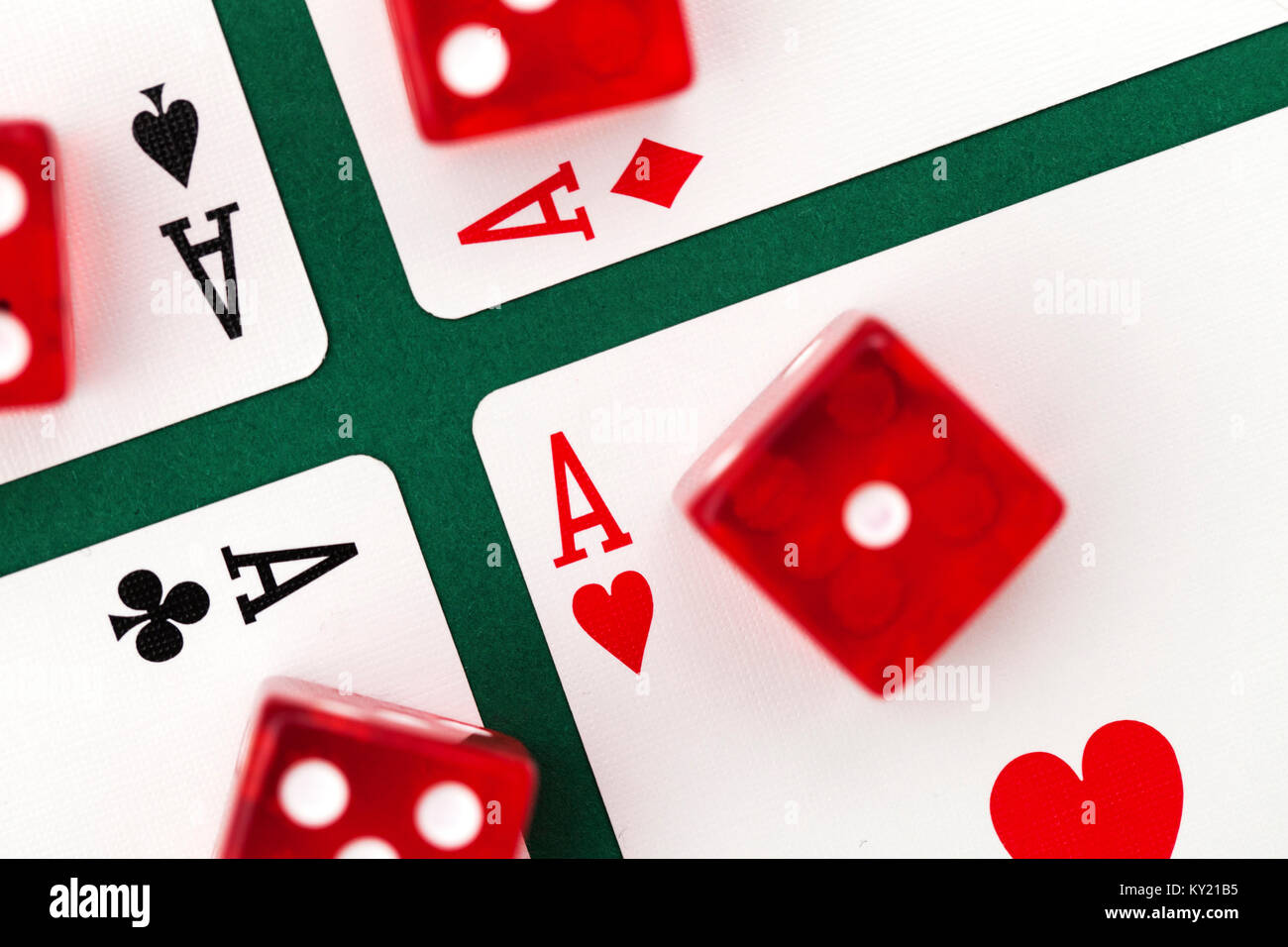 Poker cards and dice on a green background Stock Photo - Alamy
