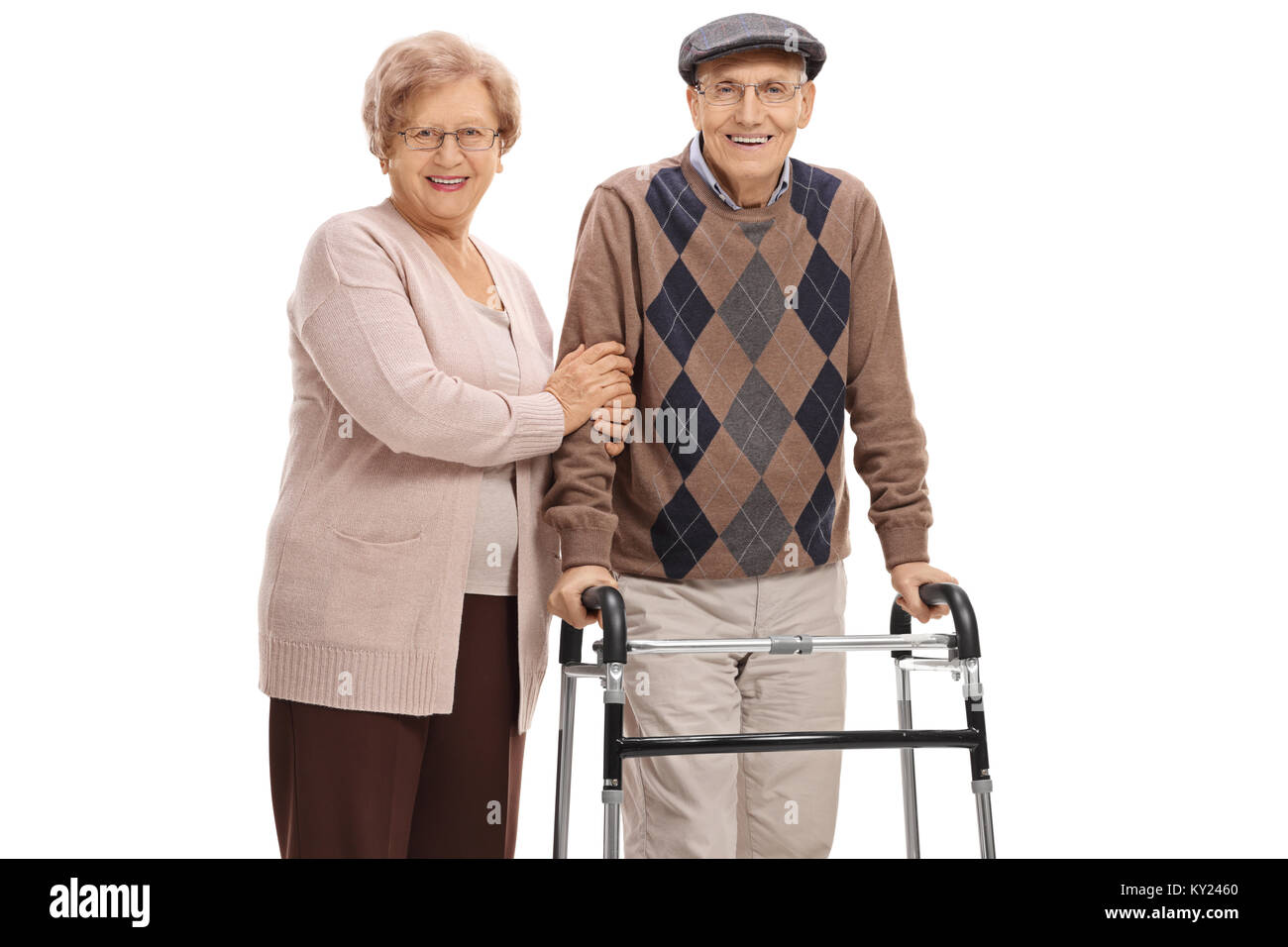 Elderly woman and an elderly man with a walker isolated on white ...