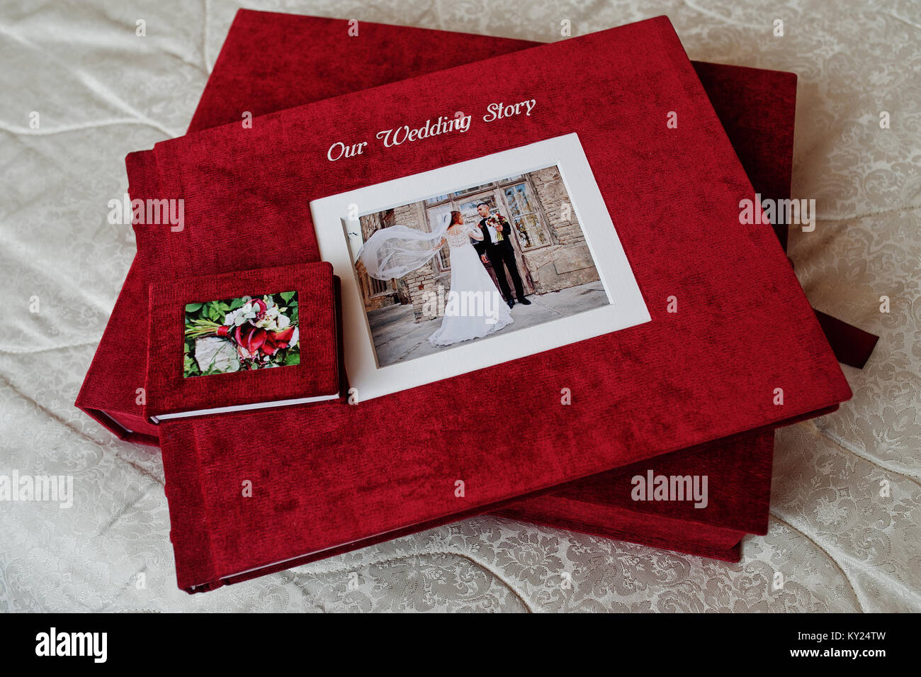 Elegant red velvet photobook of photo album on white background Stock ...