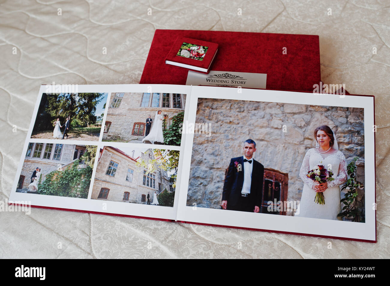 Pages of red wedding photobook or wedding album on white background ...