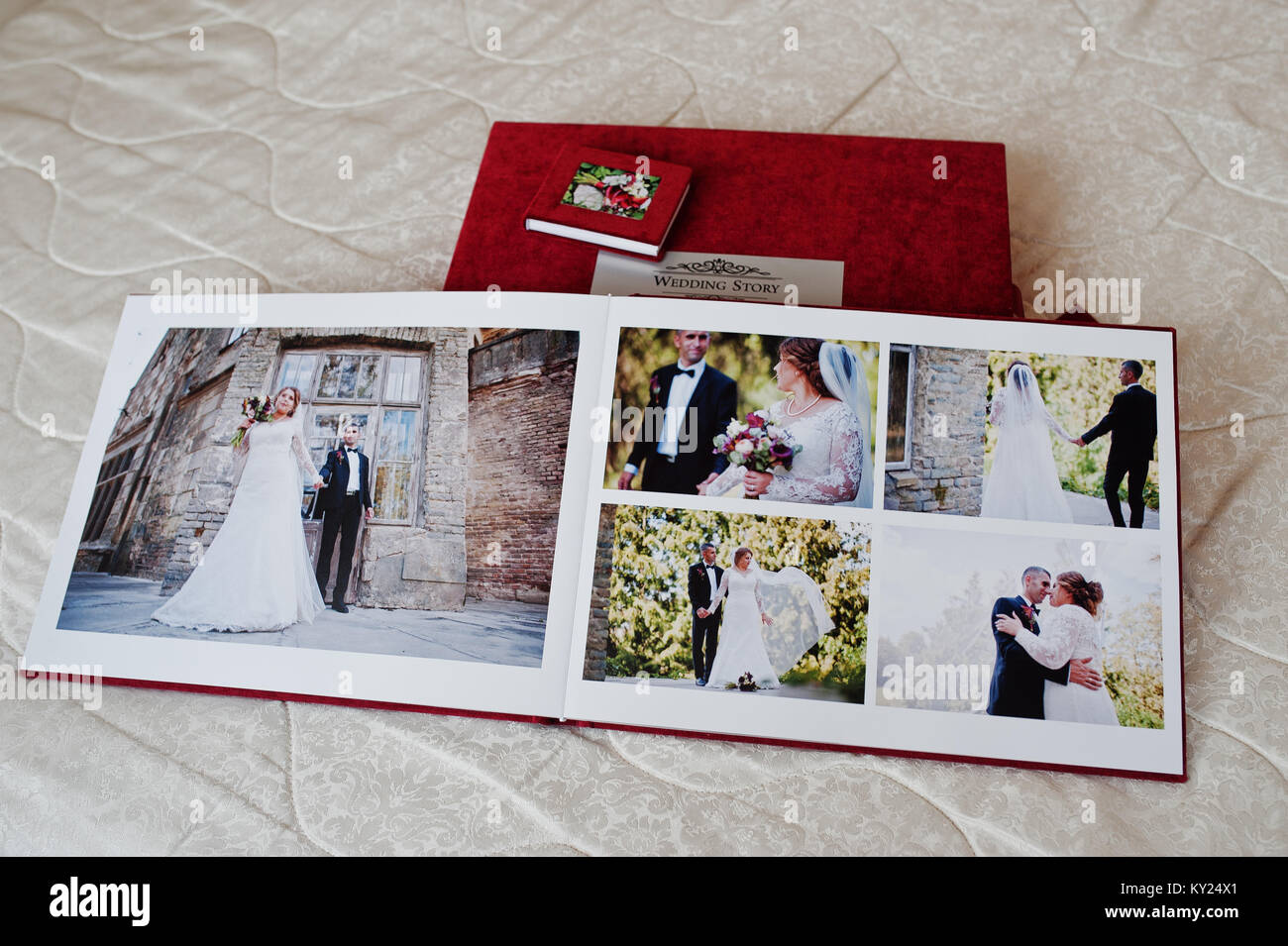 Pages of red wedding photobook or wedding album on white background ...