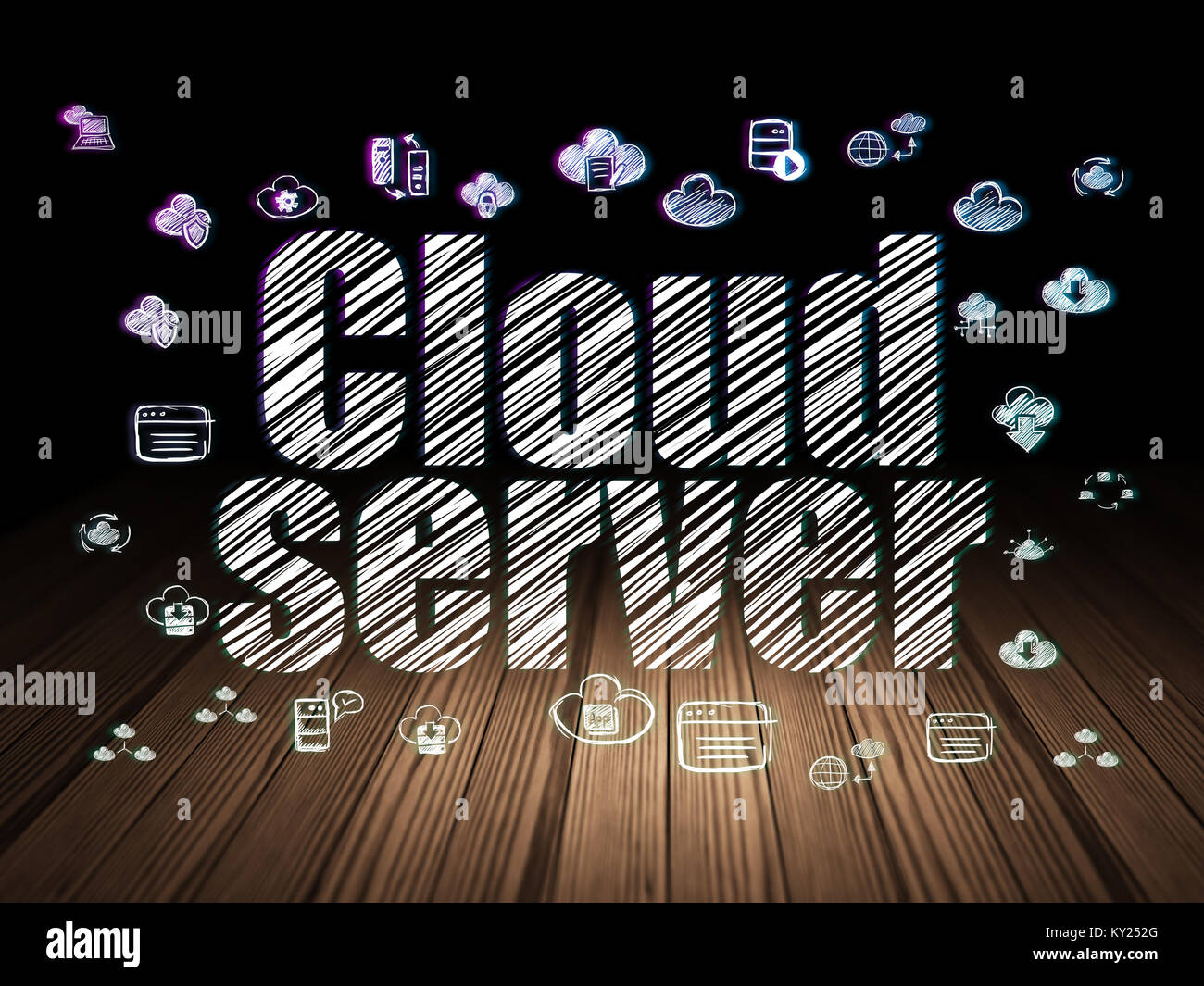 Cloud networking concept: Cloud Server in grunge dark room Stock Photo ...