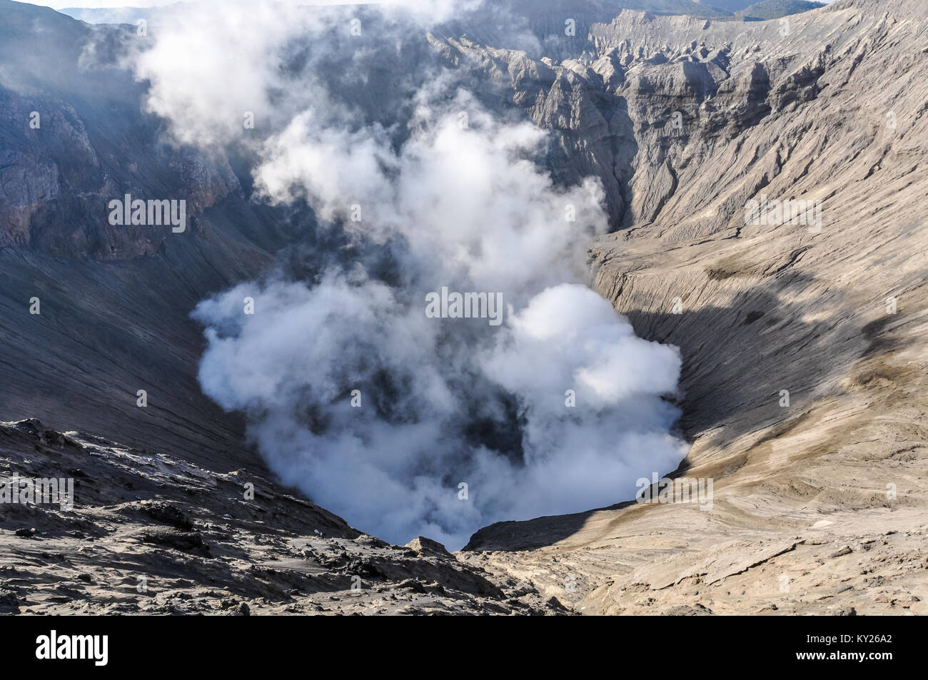 Fumes coming out of the active volcano of Mount Bromo on Java Island ...
