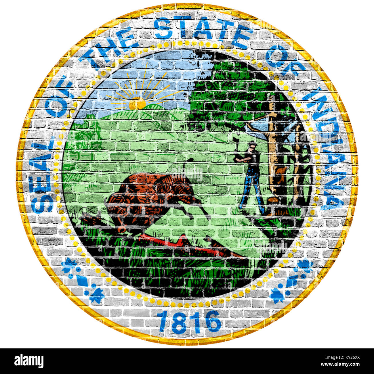 Indiana Seal US flag painted on old vintage brick wall Stock Photo - Alamy