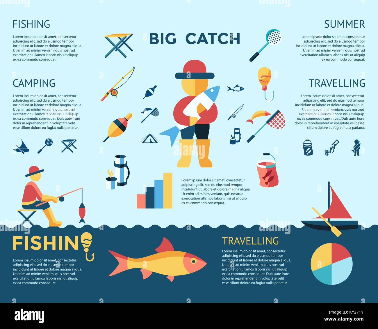 Digital vector fishing activity infographics set collection decoration ...