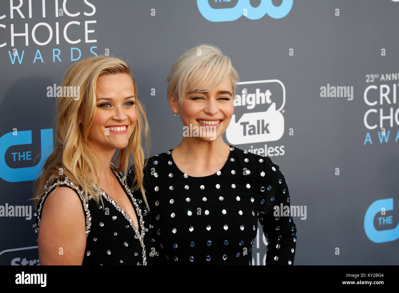 Reese Witherspoon (l) and Emilia Clarke attend the 23rd Annual Critics ...