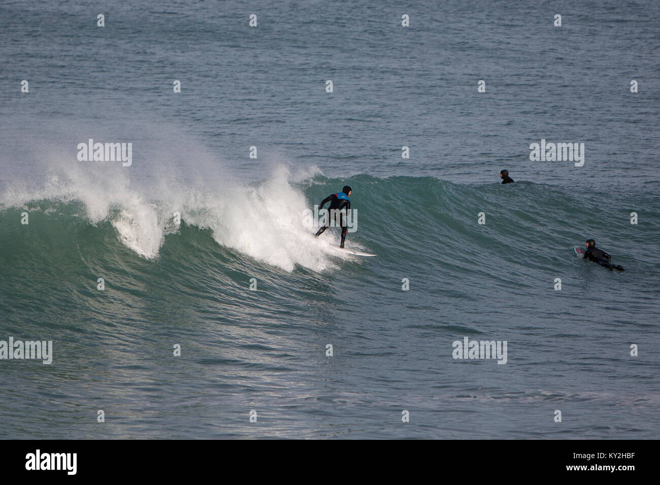 Newquay, Cornwall, UK. 12th Jan, 2018. Sunny weather and large waves ...