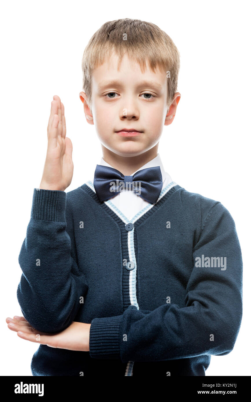 smart schoolboy with a raised hand, portrait isolated Stock Photo - Alamy
