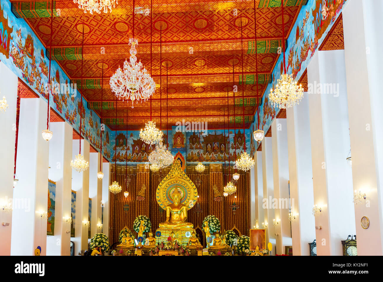 bright beautiful interior of a Buddhist temple in Bangkok, Thailand ...