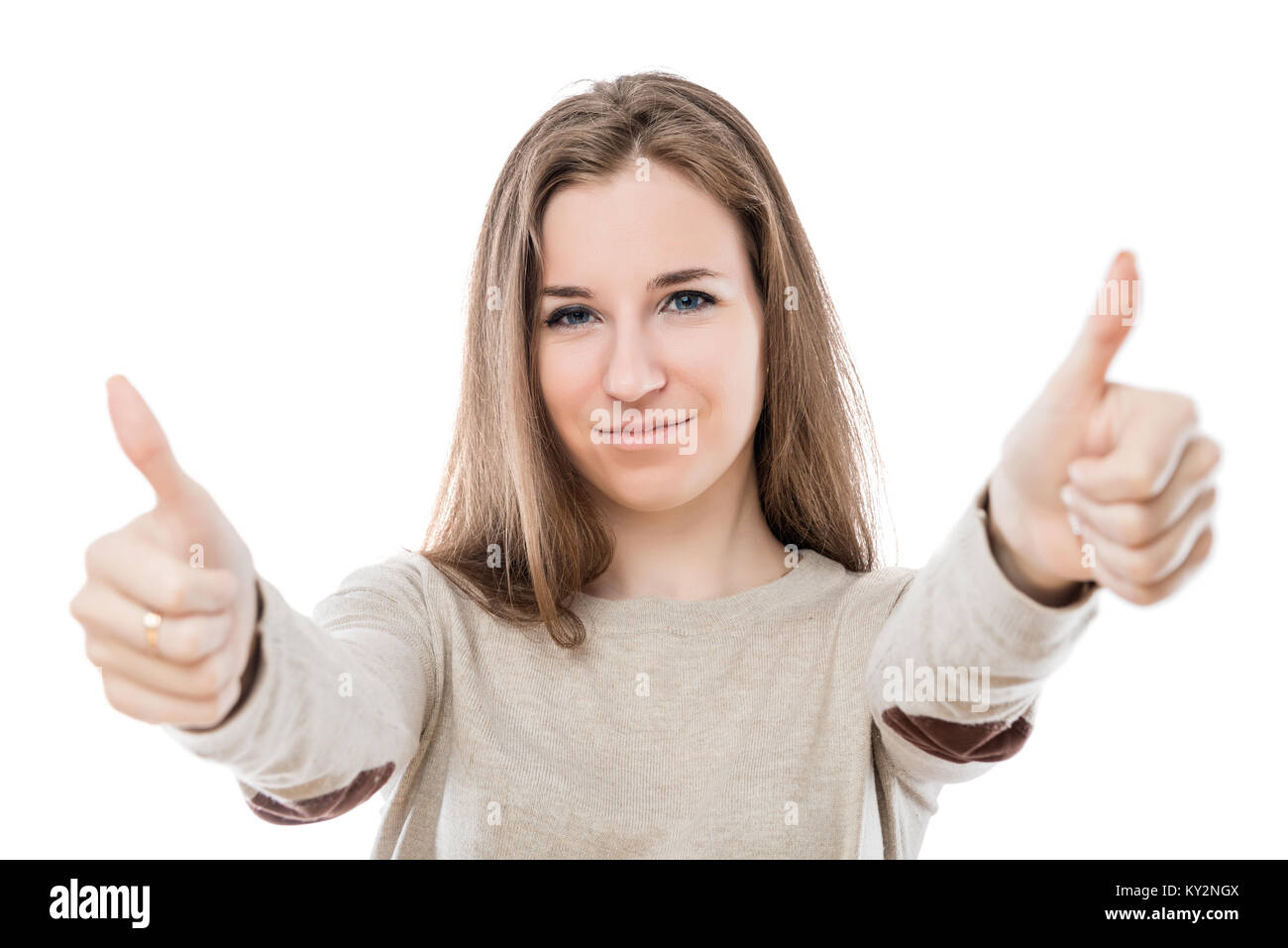 happy satisfied girl showing hand gesture okay isolated Stock Photo - Alamy