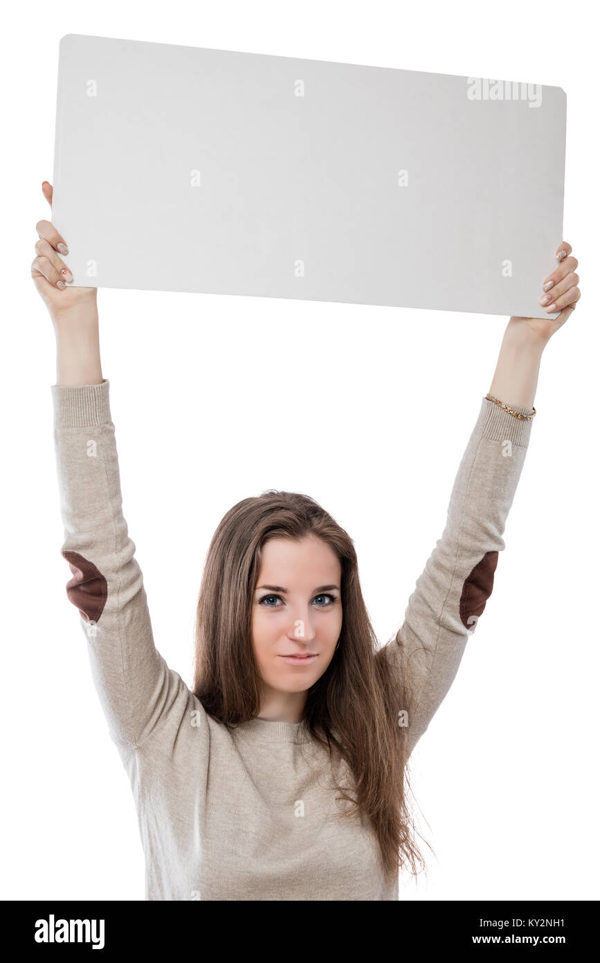 girl with a placard for writing on a white background isolated Stock ...