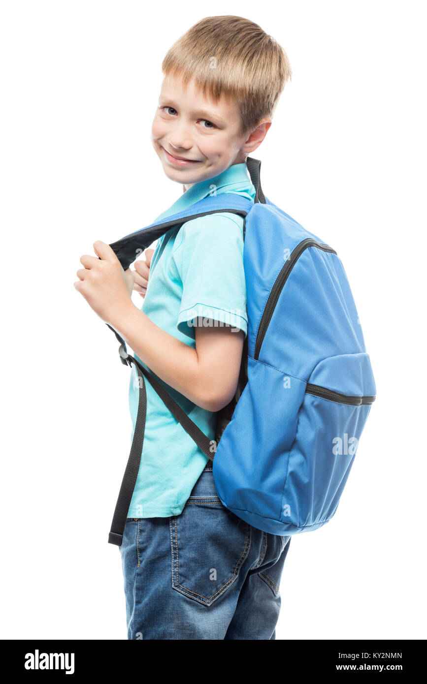 boy with backpack ready for school, portrait isolated on white ...