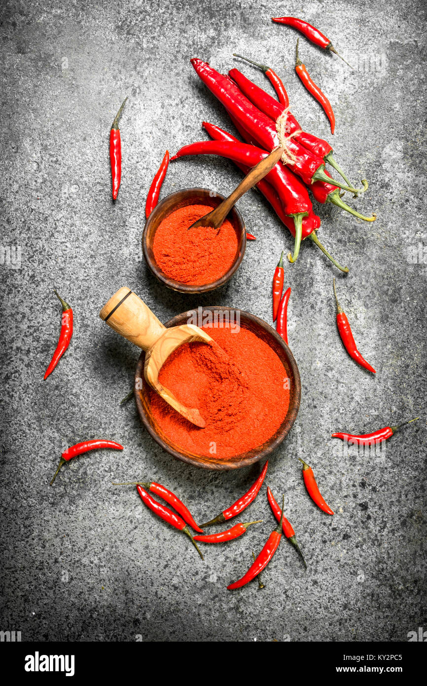 Ground chili peppers in a bowl. On a rustic background Stock Photo - Alamy