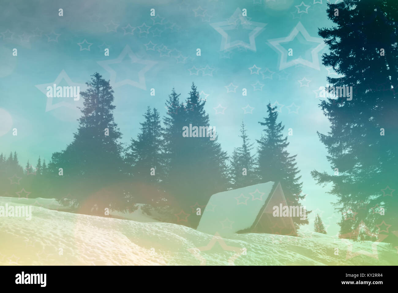 magical winter background of snow forest and water creek, cold colors ...