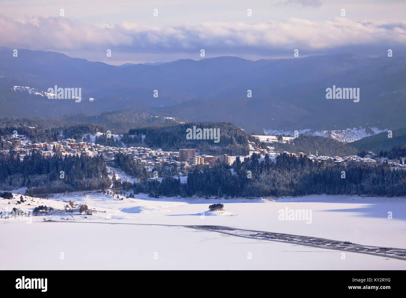 landscape from above of Dospat dam lake in bulgarian Rhodope mountains ...