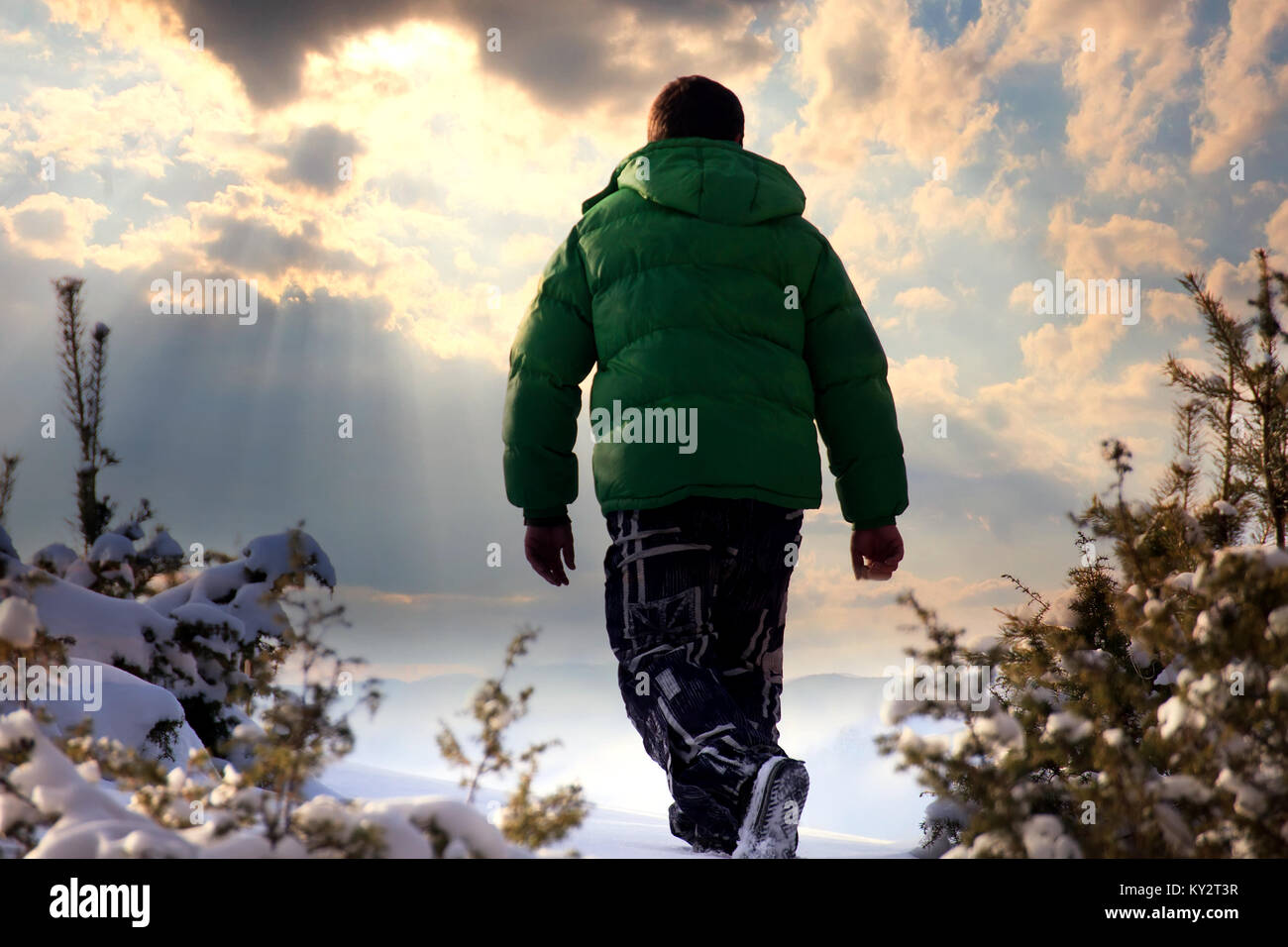 tourist walk in snow winter forest- HDR winter sunset Stock Photo - Alamy