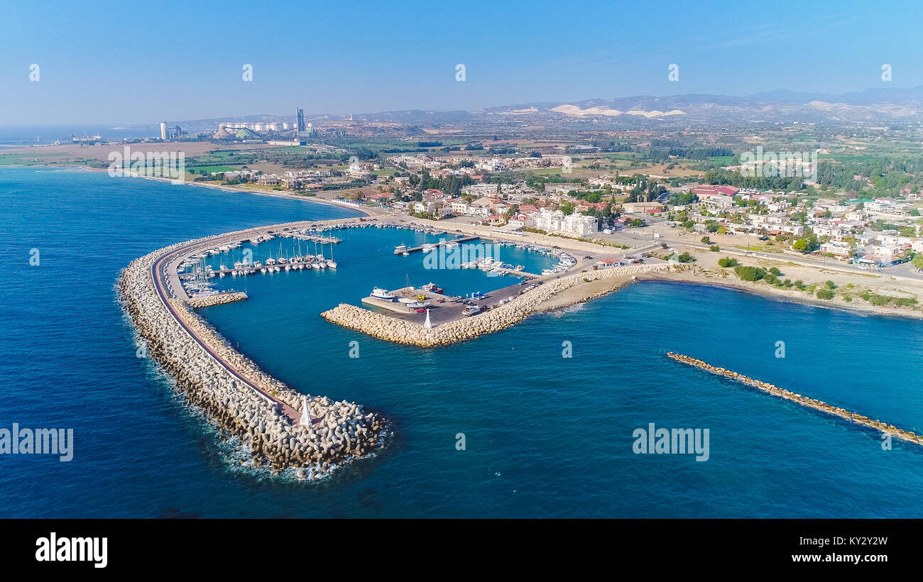 Aerial bird's eye view of Zygi fishing village port, Larnaca, Cyprus ...