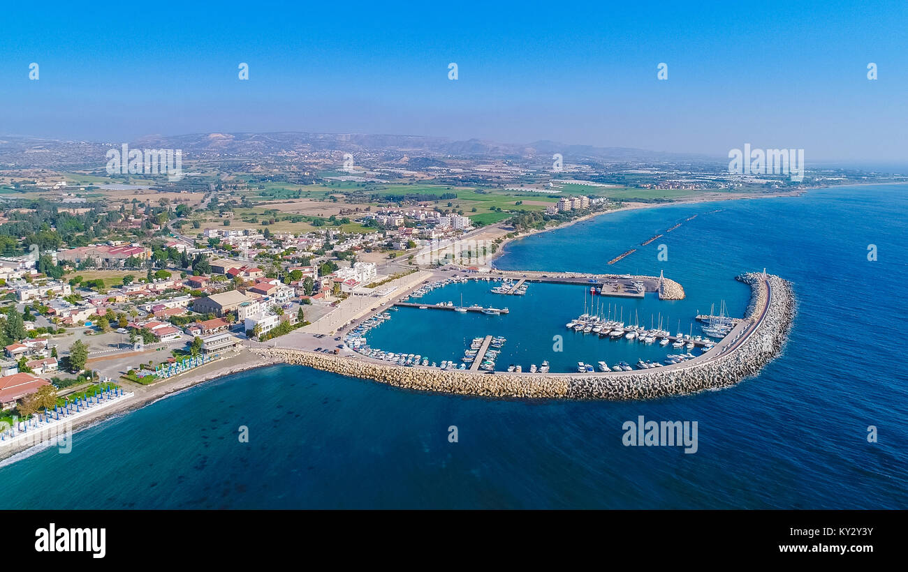 Aerial bird's eye view of Zygi fishing village port, Larnaca, Cyprus ...