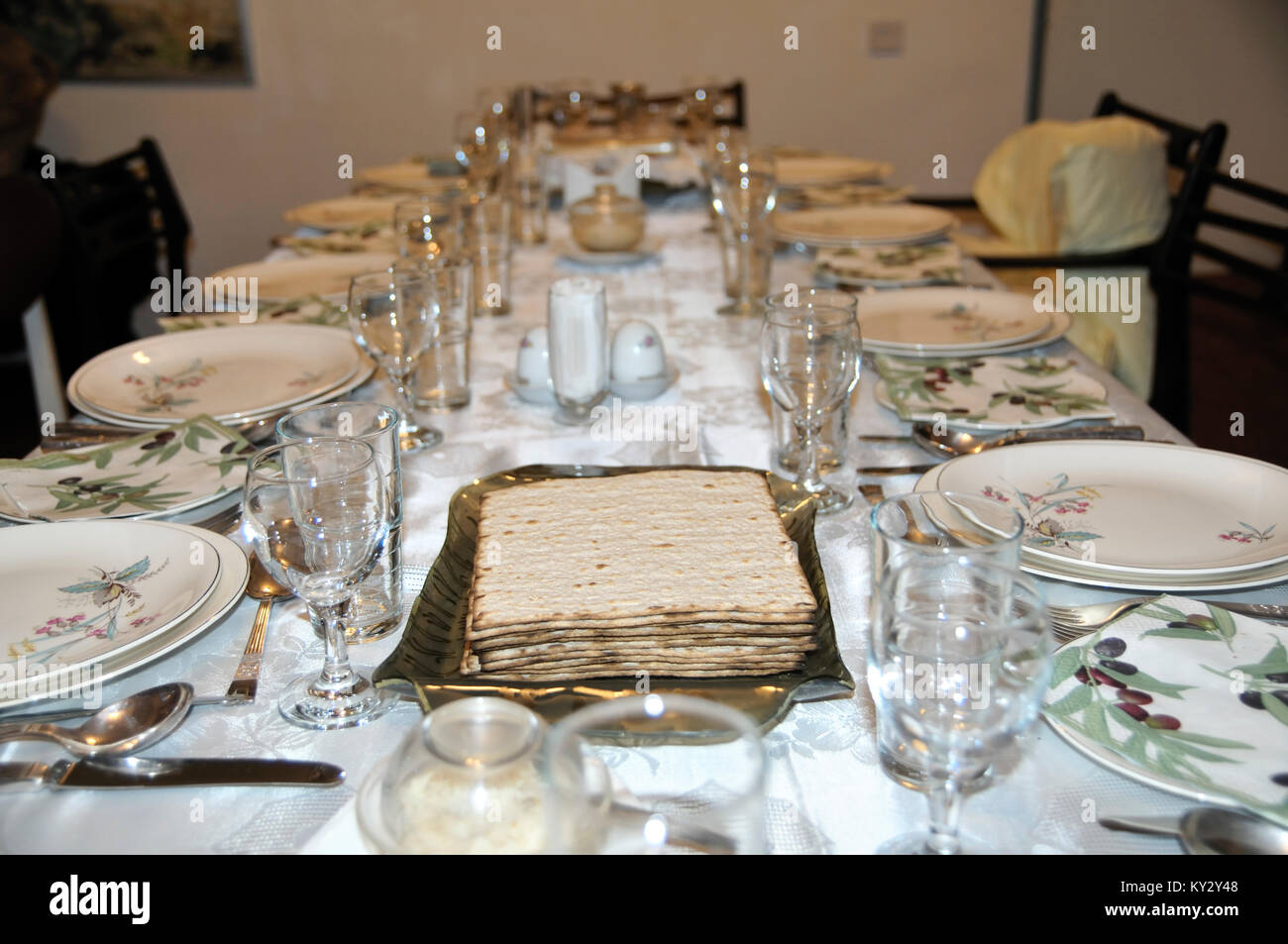 Table set for a Jewish Festive meal on Passover (transliterated as ...