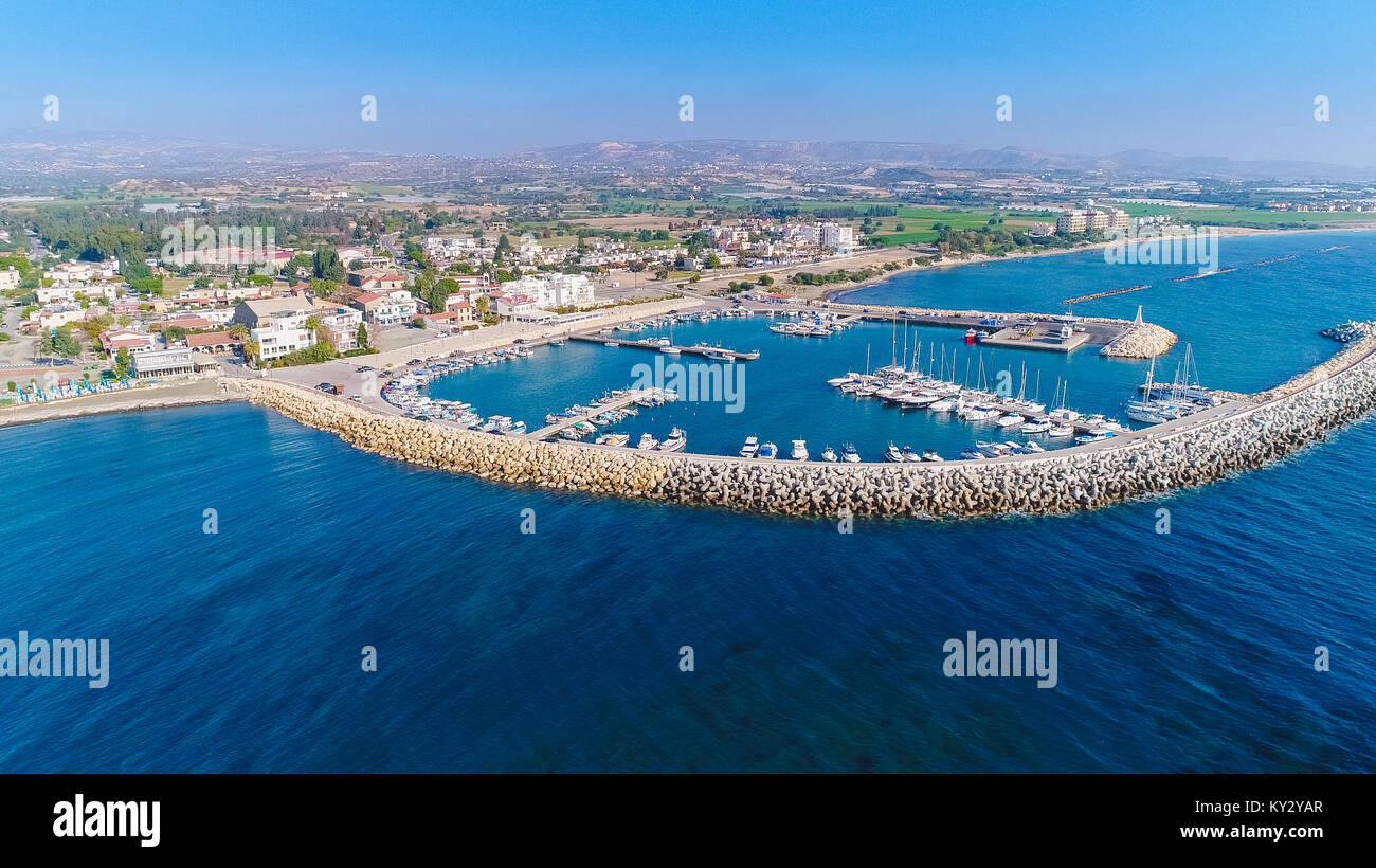Aerial bird's eye view of Zygi fishing village port, Larnaca, Cyprus ...